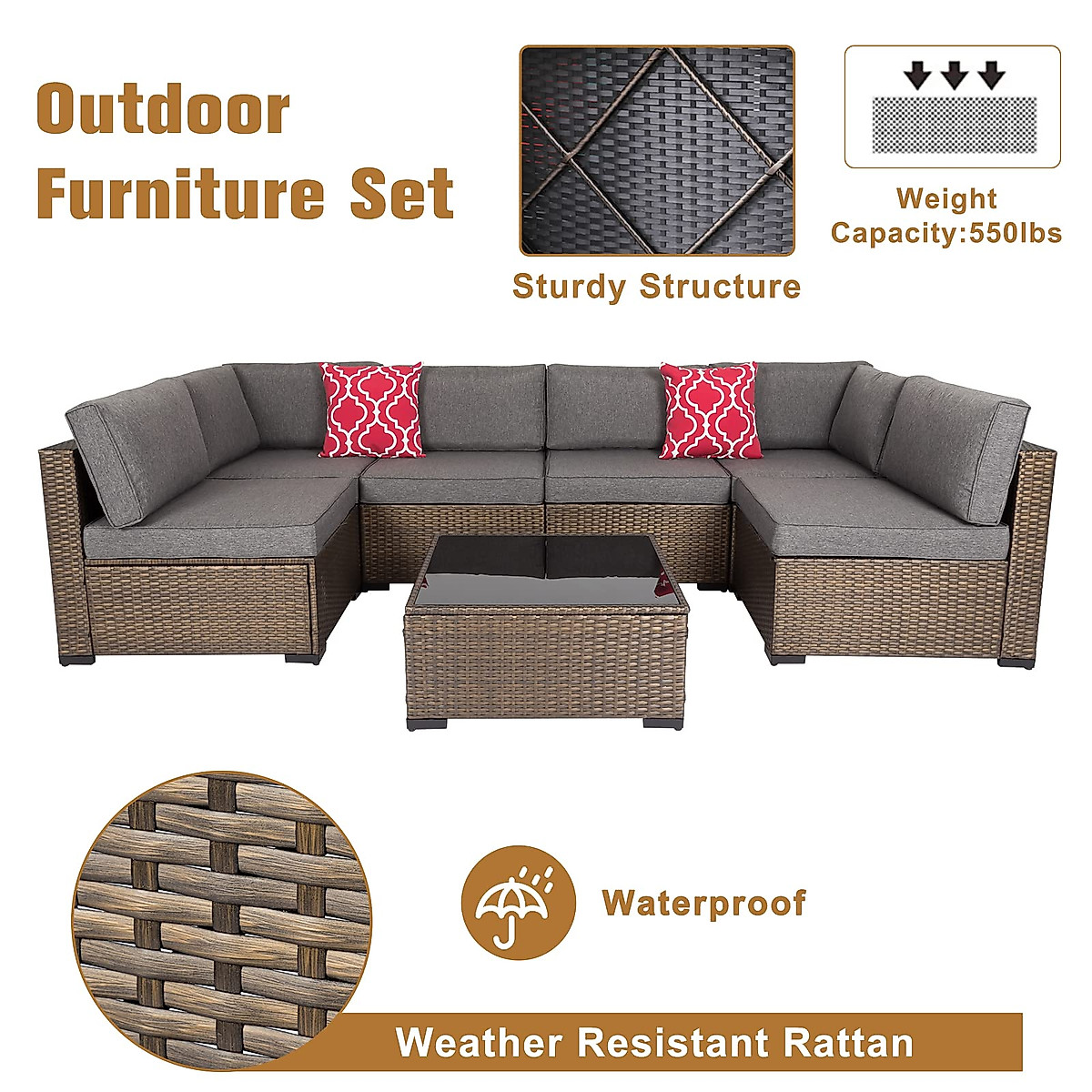 JSUN7 7 Pieces Patio Couch Outdoor Furniture Sets PE Golden Brown Rattan Sectional Conversation Sofa Set Washable Cushions with Glass Coffee Table(Dark Gray)