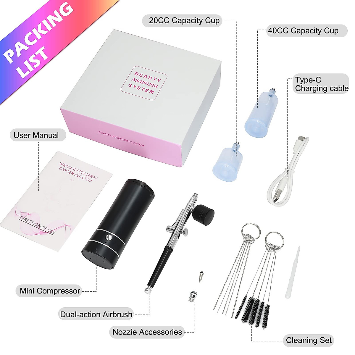 Airbrush Kit with Compressor, Air Brush Gun Rechargeable Portable High Pressure Air Brushes with 0.3mm Nozzle and Cleaning Brush Set for Painting, Tattoos, Nail, Makeup, Art, Cake Decorating (Black)