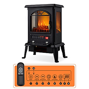 Buymoth Electric Fireplace Stove 23" Freestanding Infrared Electric Fireplace Heater 1000w/1500w w/3D Flame Firewood Effect, Remote Control, Timer, Adjustable Brightness & Temperature, Black