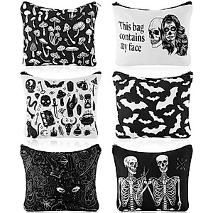 Amylove 6 Pcs Halloween Makeup Bag Goth Bag Gift for Women This Bag Contains My Face Cosmetic Makeup Zipper Pouch Funny Travel Zipper Gothic Purse Bat Mushroom Goth Spooky Gifts for Women Period