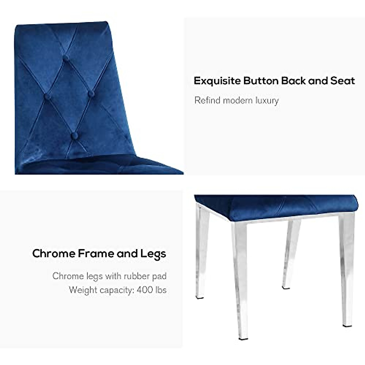 Ufurpie Dining Room Chairs with Velvet Fabric Dining Chairs Set of 2 with Chrome Legs,Backrest and Button Velvet Fabric Design,Luxury Home Furniture for Dining Room and Kitchen(Set of 2) (Blue)