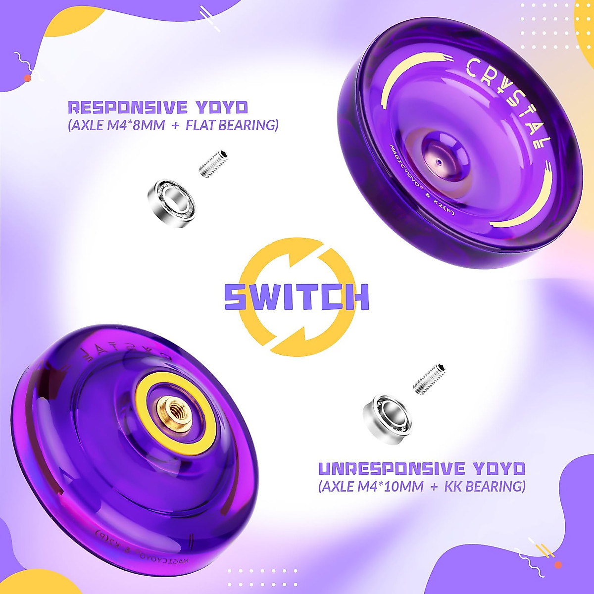 Responsive Yoyo for Kids K2 Crystal Purple , Dual Purpose Plastic Yo-Yo for Beginners, Replacement Unresponsive Ball Bearing for Advanced Yo yo Players + Removal Bearing Tool + 12 Yoyo Strings + Bag