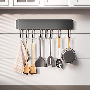 Galetcy Kitchen Utensil Hanger - 1 Pcs Wall Mounted Hooks, No Drilling Removable and Adjustable Hooks Kitchen Rail with 8 Hooks for Hanging Cooking Utensils, Mugs, Spoons