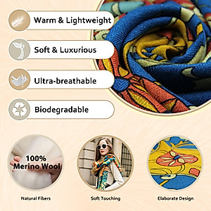 DANA XU 100% Merino Wool Extra Large Pashmina Blanket Travel Scarf Cashmere Wrap for Women Fall Winter Oversize Shawl Floral