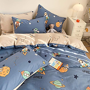 BlueBlue Astronaut Duvet Cover Set Twin 100% Cotton Bedding for Kids Boys Girls Teens Space Galaxy Rocket Star Constellation on Navy Blue 1 Cartoon Comforter Cover Zipper Ties 2 Pillowcases Twin