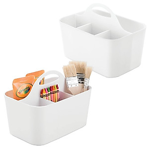 mDesign Plastic Portable Craft Storage Organizer Caddy Tote, Divided Basket Bin with Handle for Crafts, Sewing, Art Supplies - Holds Brushes, Colored Pencils - Lumiere Collection - 2 Pack - White