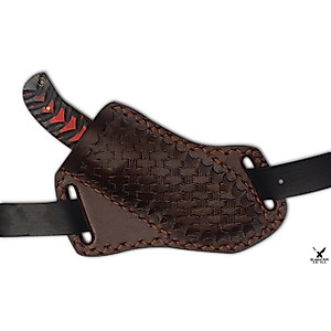 Leather Knife Sheath for Belt, Slanted Pancake Style, Tooled Leather, Cowboy Bull Cutter Cover, Cross Draw, Handmade Stitched with 100% Real Leather (Dark Brown)