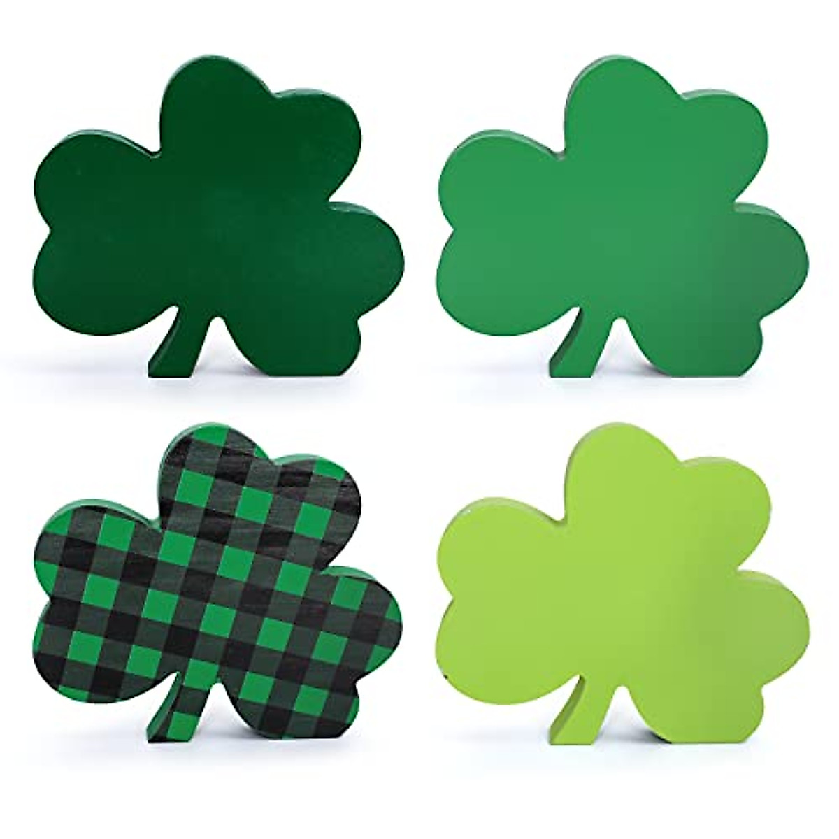 Whaline 4Pcs St. Patrick's Day Wooden Signs Green Plaid Shamrock Table Ornament Lucky Clover Shape Table Centerpieces Irish Holiday Decorative Table Centerpieces for Home Fireplace Tiered Tray Decor