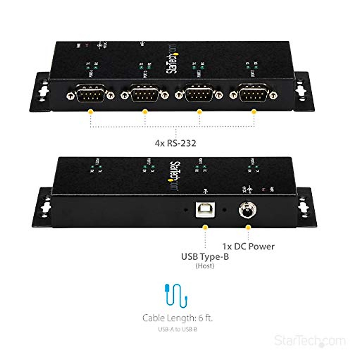StarTech.com 4 Port USB to Serial RS232 Adapter - Wall Mount - Din Rail - COM Port Retention - FTDI USB to DB9 RS232 Hub , TAA (ICUSB2324I)