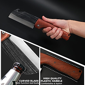 zarfand Folding Cleaver, Pocket Folding Chef Knife with Forged Steel Blade, Folding kitchen knife with Solid wood Handle Camping BBQ trip Outdoor Portable kitchen knife with Bottle Opener. (Type-A)