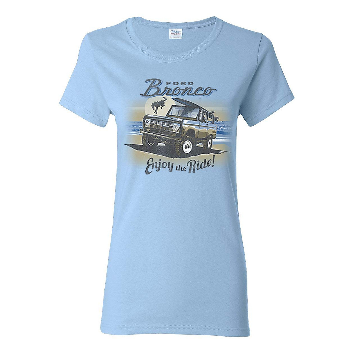 Classic Vintage Ford Bronco Enjoy The Ride Cars and Trucks Womens Graphic T-Shirt, Light Blue, Large
