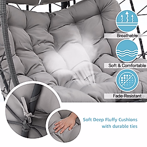 Patiorama 2 Person Double Egg Swing Chair with Stand Indoor Outdoor, Patio Wicker Rattan Hanging Egg Chair w/Cushion, Pillow, Foldable Hammock Chair 550lbs for Bedroom, Balcony, Garden (Light Grey)