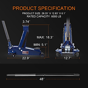 TCE ATZ830023U Torin Hydraulic Heavy Duty Steel Service/Floor Jack with Dual Piston Quick Lift Pump, 3 Ton (6,000 lb) Capacity, Blue