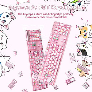 120 Key PBT Pudding Keycap Set ASA Profile with Transluscent PC Layer Dye-Sub Cute Cat Theme for 61/84/87/98/100/104Key TKL Cherry MX Gateron Kailh Cross Type Switch ANSI Mechanical Keyboard DIY(Pink)