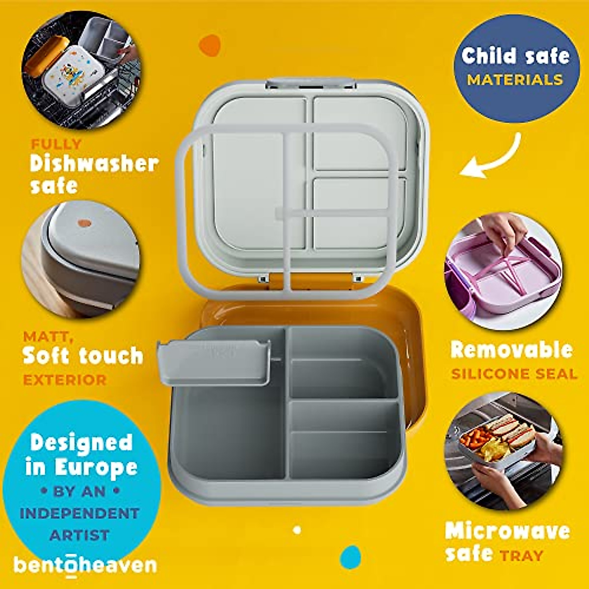 Bentoheaven Premium Bento Lunch Box for Kids, 9 Designs, Leak-proof 3-4 Compartments, Divider, Ideal size 30oz, Microwave/Dishwasher Safe Kids Bento Box (Loncheras Para Niños/Niñas)[Orange Gray]