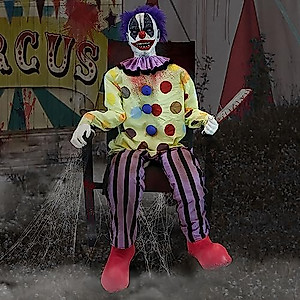 Haunted Hill Farm Motion-Activated Thrashing Clown with a Meat Cleaver by Tekky, Sitting Scare Prop Animatronic for Indoor or Covered Outdoor Creepy Halloween Decoration, Plug-in or Battery Operated