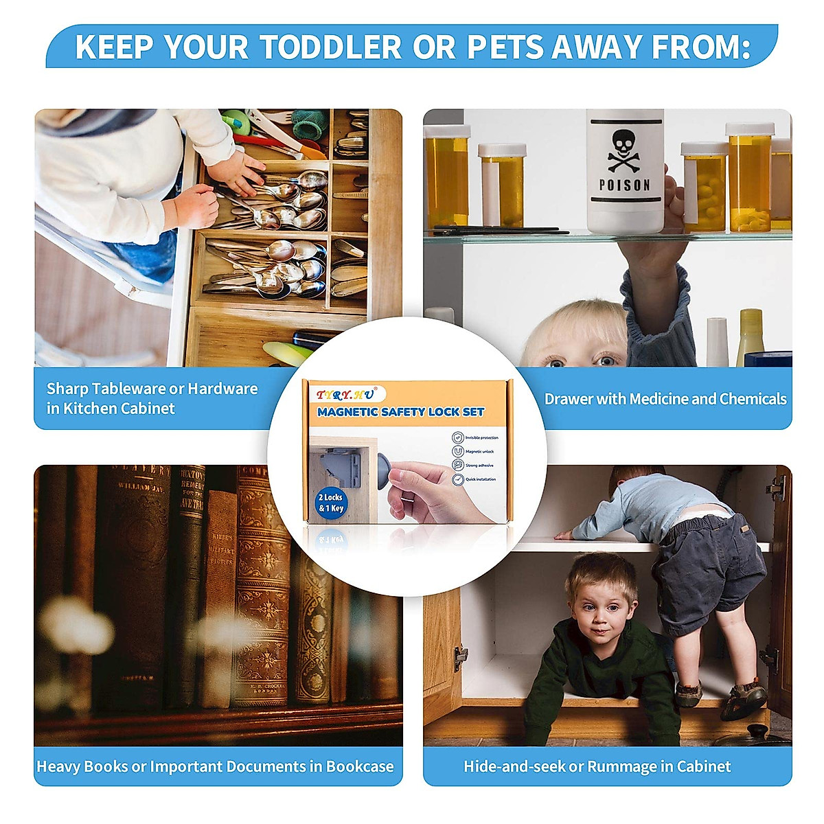 TYRY.HU Magnetic Cabinet Locks for Children Proofing;Invisible Child Safety Cupboard Lock Set for Cabinet and Drawer to Protect Baby Kids Home Safety (2 Locks and 1 Key)