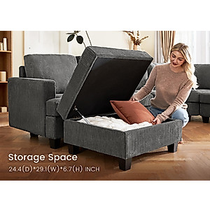 Nolany Sectional Couch with Storage Ottoman, Corduroy Modular Corner Sectional Sofa, U Shape Sectional Couches for Living Room, Dark Grey