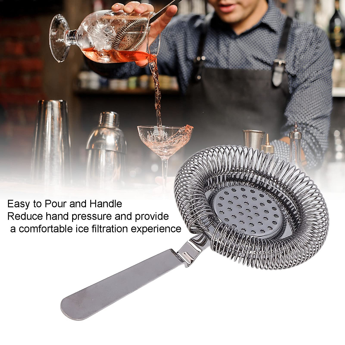 Bar Strainer, Stainless Steel Cocktail Strainer Hawthorne Strainer with Removable Spring, 8 x 3.7in(Black)