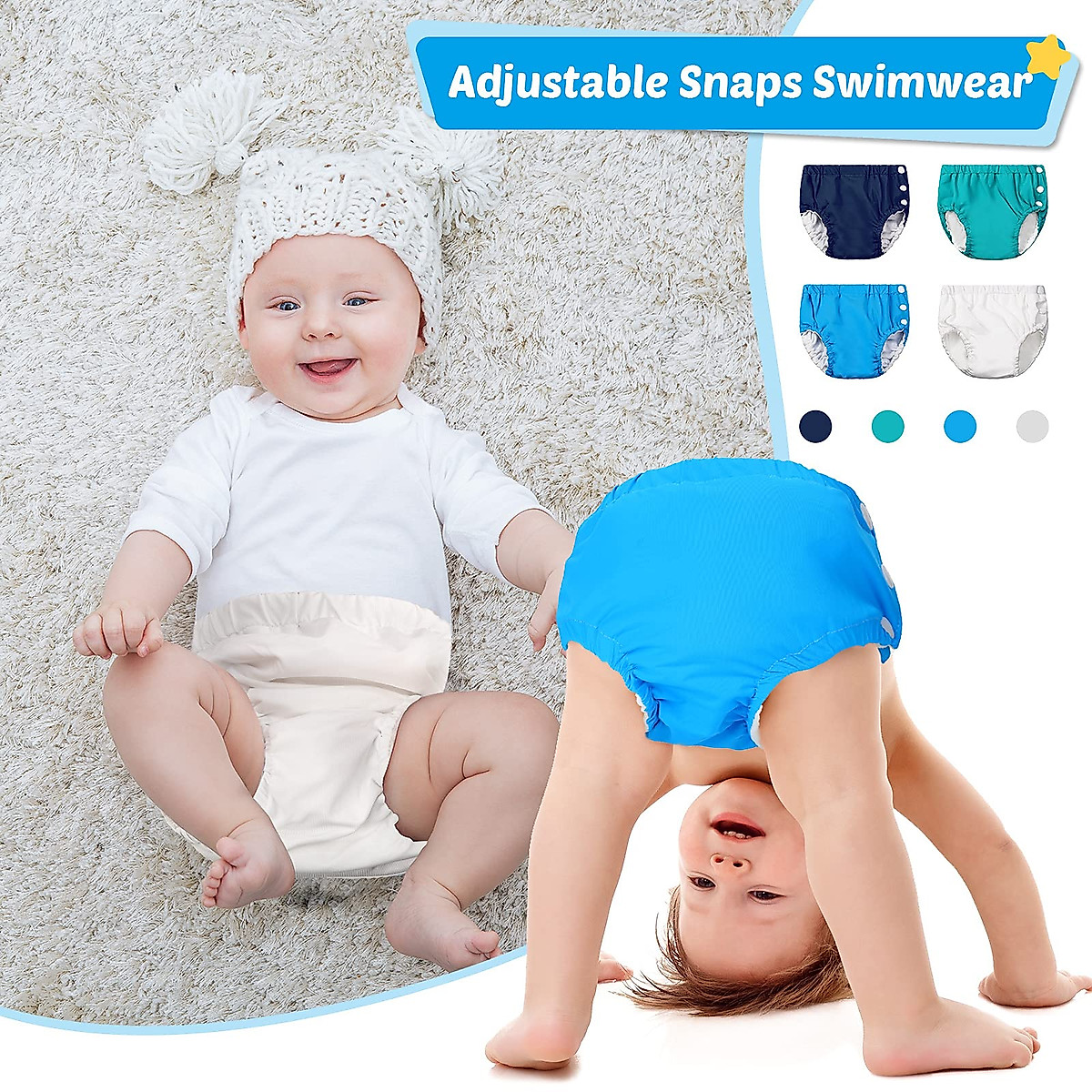 Huukeay 4 Pieces Swim Diapers Reusable Baby Swim Diapers Adjustable Snap Swim Diapers Washable Pool Swim Diapers for Unisex Baby Girls Boys (White, Green, Blue, Navy Blue,12-24 Month)