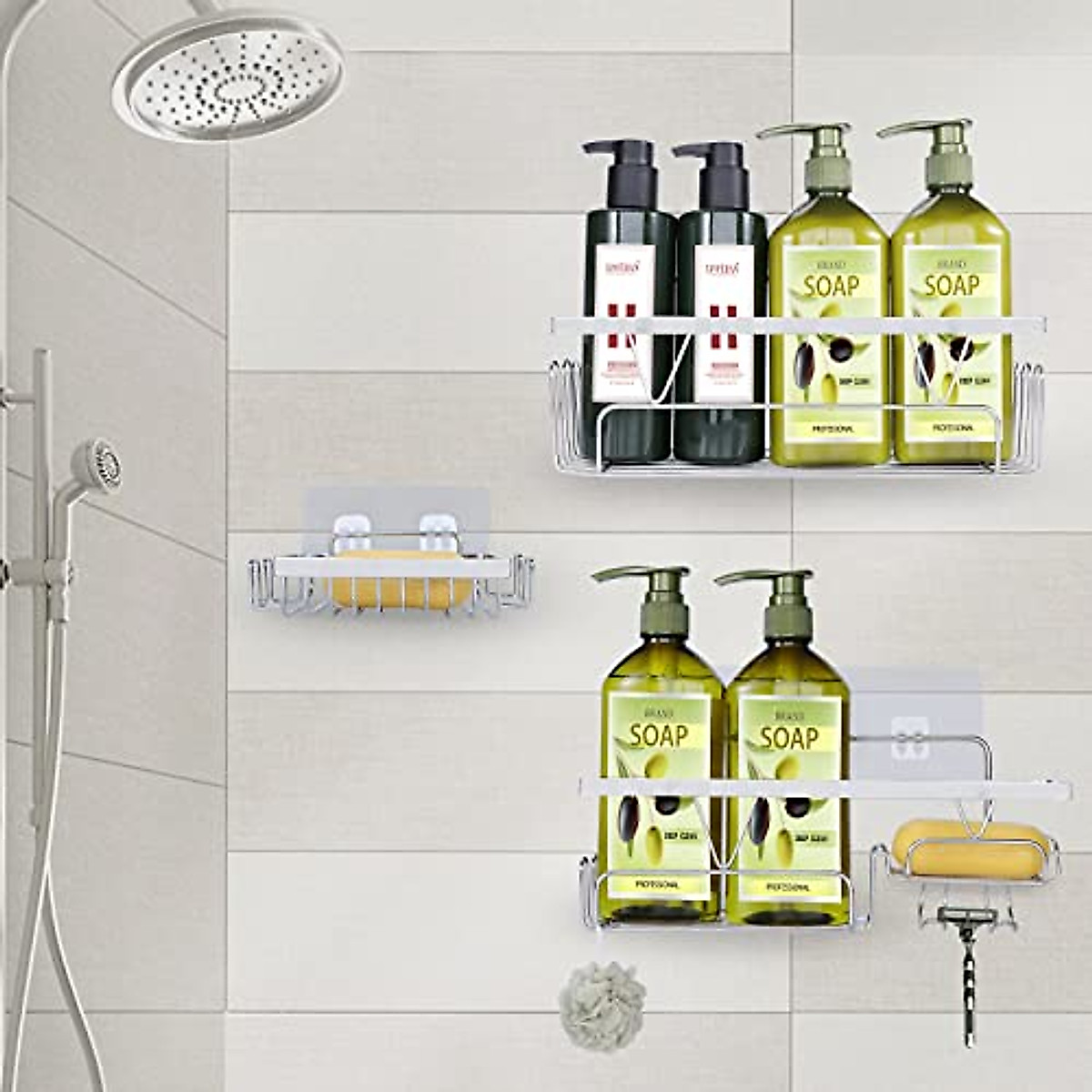 Meikeyi bathroom organizer shower caddy Shelf (2Pack) with1 Soap Dishes, No Drilling adhesive Stainless Steel bathroom Wall Mount shampoo holder storage