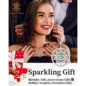 BDL Evil Eye Necklace - Sterling Silver Natural Turquoise Genuine With 5A Cubic Zirconia, Third Eye Necklace Ojo Turco Pendant, Christmas Gifts for Women Girls