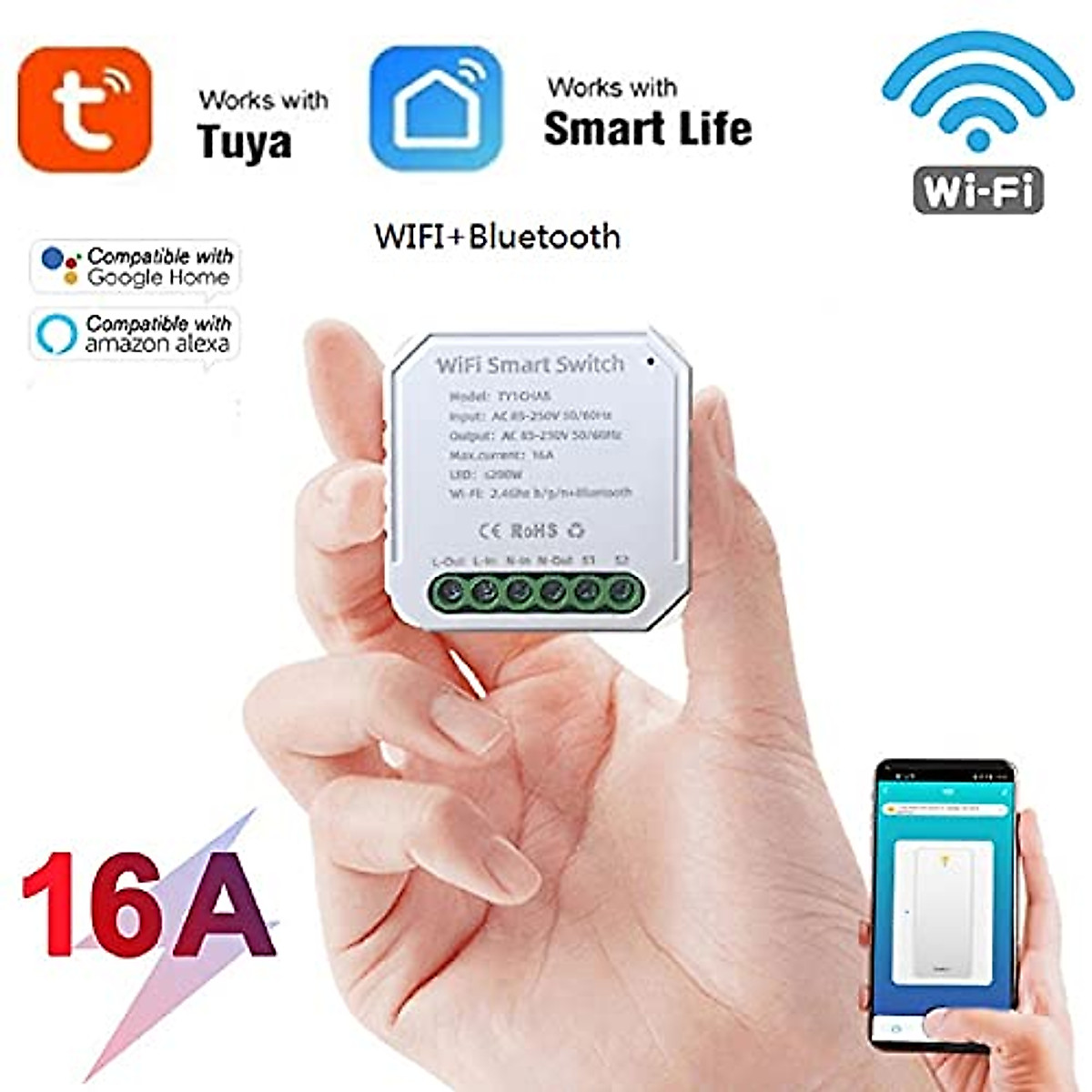 MHCOZY Mini 1 Gang WIFI Light Switch Breaker Module,Smart Life/Tuya App and Bluetooth Wireless Remote Control, Compatible with Alexa Echo and Google Home,1/2 Way 16A