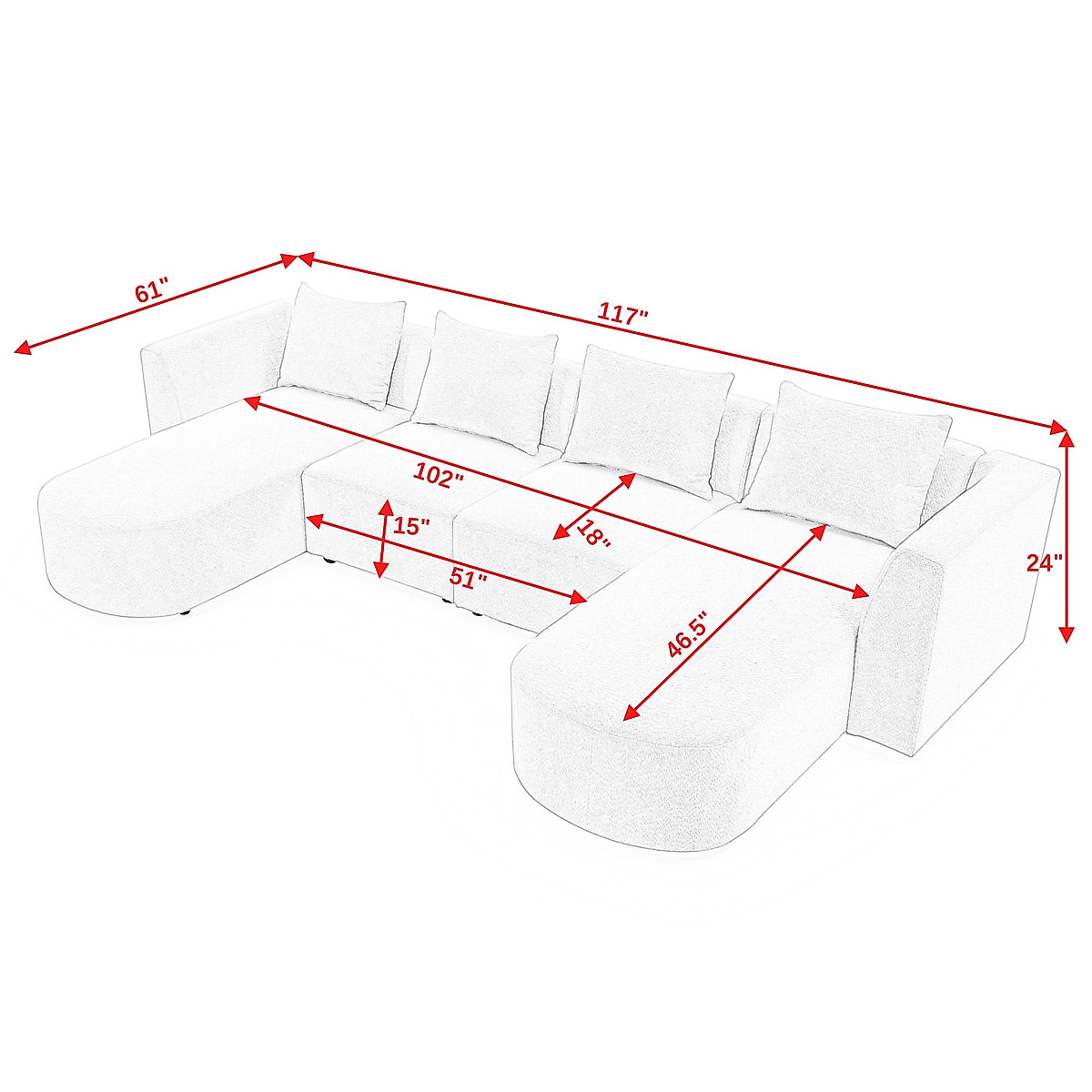 U-Shaped Stylish Comfy Sectional Sofa Couch with 2 Single Seats and Lounge Chaises, Oversized Modern DIY Combination Convertible Modular Sofa&Couch, Cloud Deep Seater Cozy Sofá for Living Room