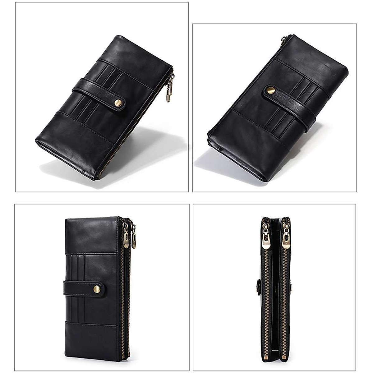 KELEEL Womens RFID Wallets Slim Cow Leather Large Capacity Bifold Purse Multi Card Case Wallet with Dual Zipper Pockets (Black)