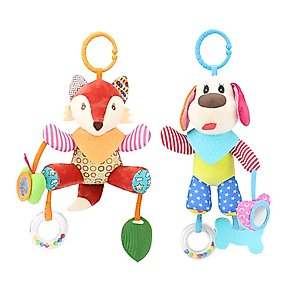 SHLOYIRE Baby Stroller Rattle Toy, Soft Baby Rattle Toys, Hanging Rattle Clip On Car Seat and Baby Stroller for Infants, Sensory Plush Animal Toys for Newborn Baby Girls and Boys (Dog & Fox)