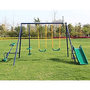 Zolyndo Metal Swing Sets for Backyard with Swing Seats, Slider, Teeter-Totter, and Swing Glider, Swingset Outdoor for Kids 3-8 with Heavy Duty A-Frame Blue (5 in 1)