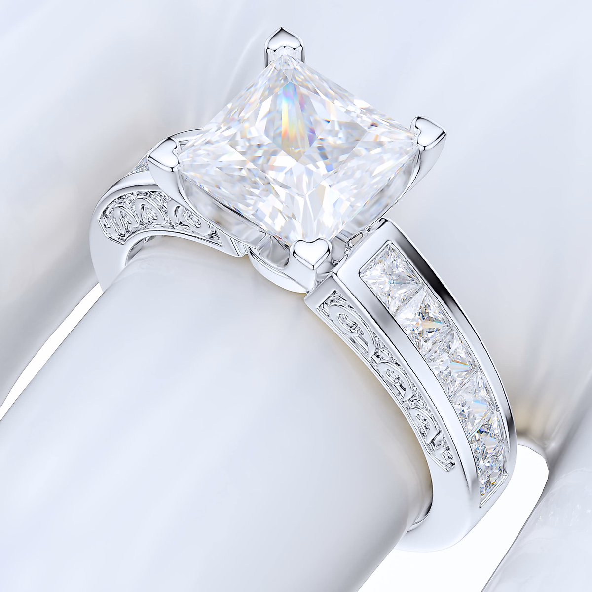 PRSTANI Sterling Silver 1.5ct Classic Filigree Pattern Simulated Princess Cut Diamond Promise Engagement Ring (6.5)