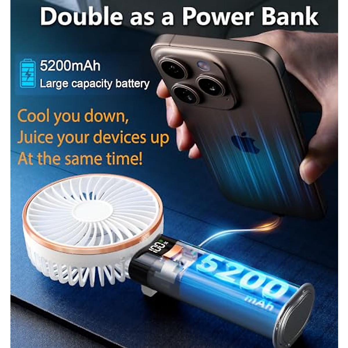 BEYYON Portable Handheld Fan, 5200mAh Metal Handle Portable Fan Rechargeable, 180° Foldable, 6 Speeds USB Rechargeable Fan, Electric Personal Fan with Power Bank for Travel, Outdoor, Camping, Office