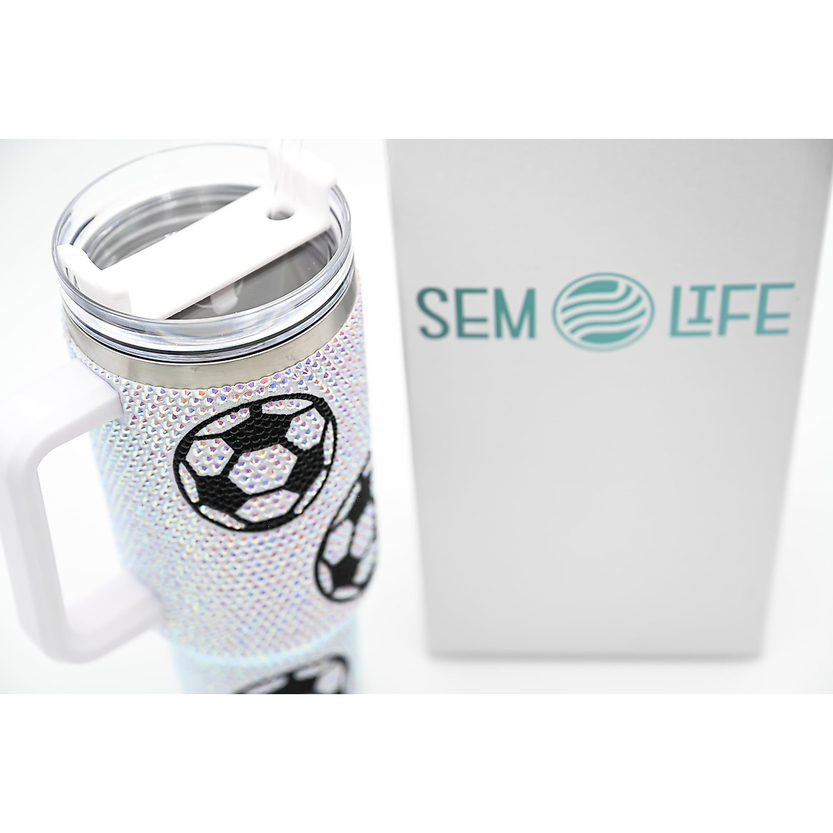 SEM LIFE 40 Oz Rhinestone Bling Tumbler with Handle and Straw (SOCCER), Stainless Steel and Double Wall Insulated