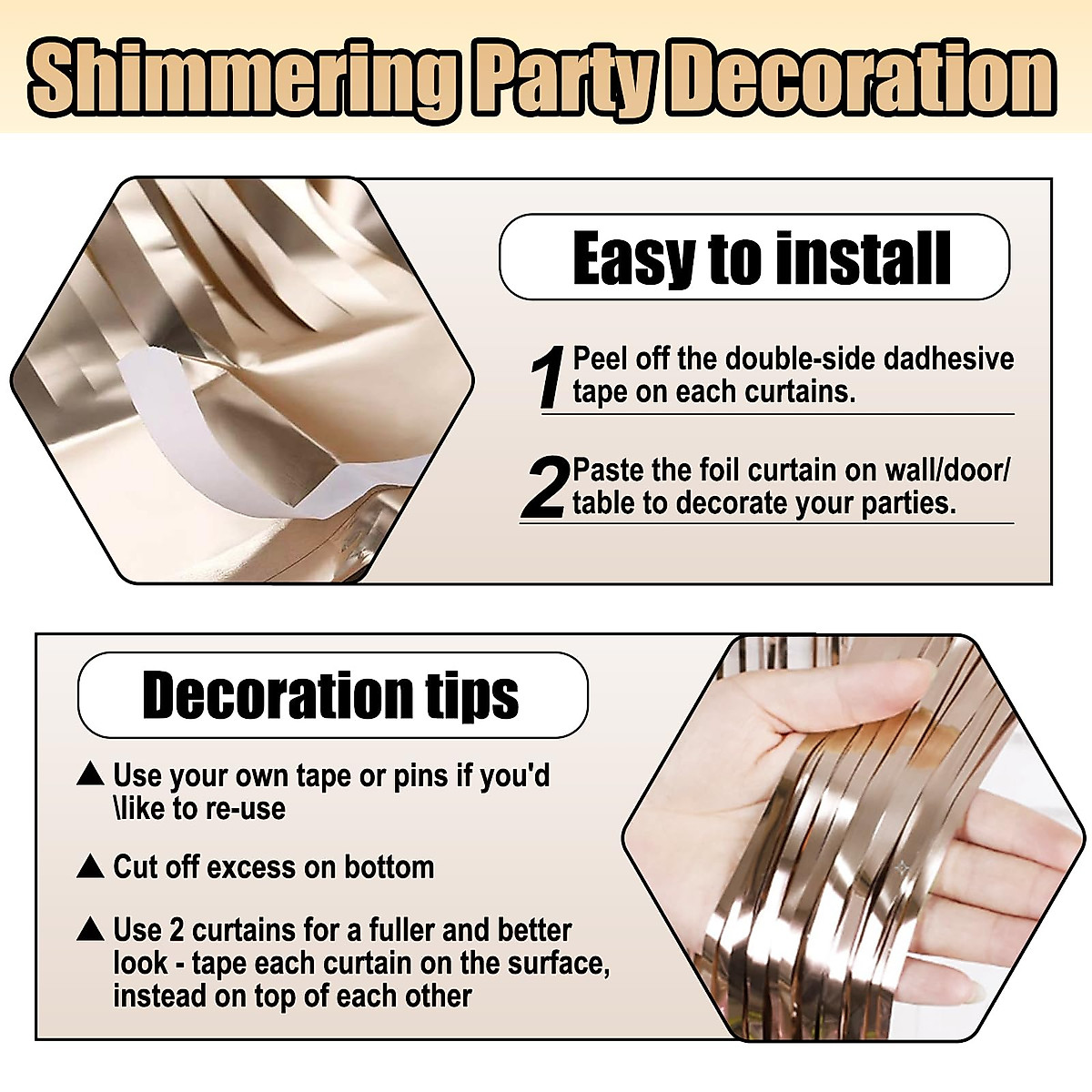 3 Pack Champagne Gold Foil Fringe Curtain Backdrop, 3.28Ft x 8.2Ft Metallic Tinsel Foil Fringe Streamer Curtains for Photo Booth, Valentine's Day， Wedding, Birthday, New Year Party Decorations