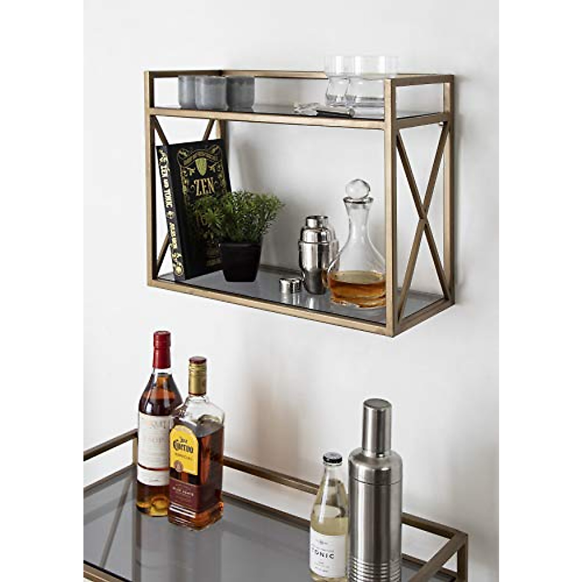 Kate and Laurel Blex Glam 2-Tier Metal and Glass Wall Shelf, 18 x 8 x 15, Gold, Chic Floating Shelf for Wall Display and Storage