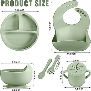 Potchen 14 Pack Baby Feeding Set, Silicone Baby Led Weaning Feeding Supplies with Suction Bowl Divided Plate Adjustable Bib Soft Spoon Fork Snack Cup with Lid Drinking Cup, Utensil (Army Green, Grey)