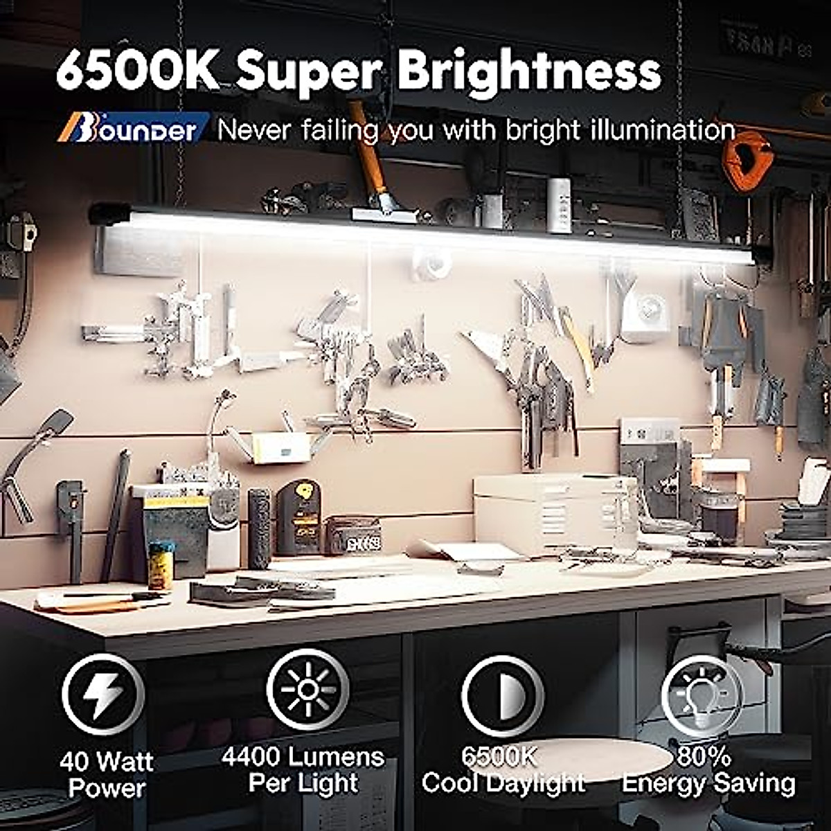 BBOUNDER 6 Pack Linkable LED Shop Light with Reflector, Super Bright 6500K Cool Daylight, 4400 LM, 4 FT, 48 Inch Integrated Fixture for Garage, 40W Equivalent 250W, Surface & Suspension Mount, Black
