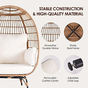 OTSUN Oversized Wicker Egg Chair: Outdoor Indoor Lounger with 4 Cushions, 440lb Capacity, Egg Basket Chair for Living Room, Backyard, Balcony, Patio, Beige