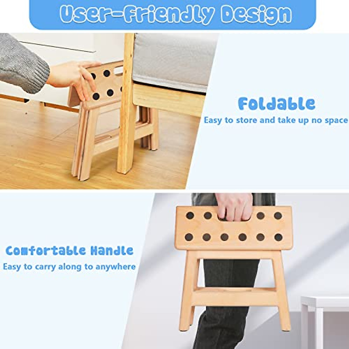 Jiodux Wooden Folding Step Stool 3rd Generation, 9.2" Height Step Stool for Adults & Kids, Child' Foldable Wood Step Stool for Bed, Kitchen, Outdoor, Holds up to 300lbs, Patented Product-1 Pack