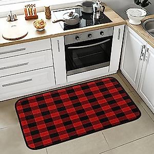 KOBLEN Red Plaid Pattern Kitchen Rugs Non Slip Washable Absorbent Kitchen Mats 20x39 inch Cushioned Anti Fatigue Kitchen Floor Mats for in Front of Sink
