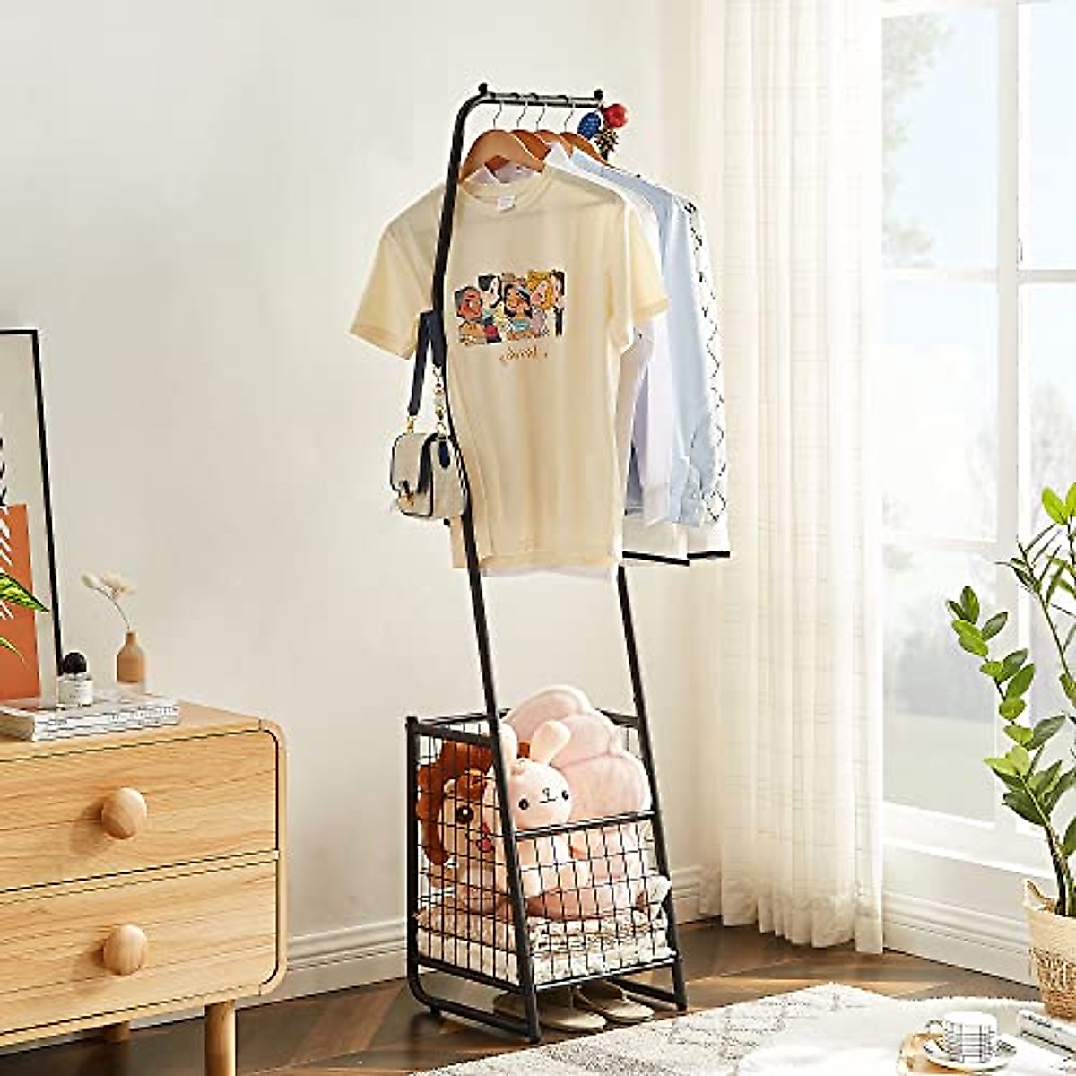 VECELO Metal Coat Rack Stand with Anti-Drop Design, Space Saving Hall Trees with Steel Basket,Small Garment Organizer with 2 Handy Cloth Rails and Slipper Space, Rectangle, Rustic Brown