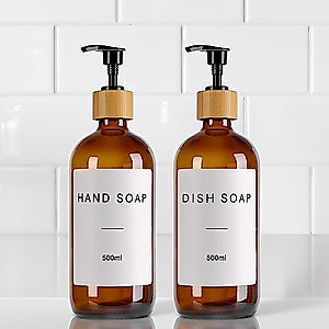 Glass Soap Dispenser, 16oz Shampoo Bottles with Pumps & Tray & Waterproof Labels Set, Liquid Container Counter Organizers for Bathroom Kitchen Lotion Conditioner, Home Decor Essentials (Amber)