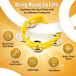 Flexzion Half Circle Tambourine Hand Held Percussion Instrument Plastic Mini Tambourines Half Moon D-Shaped Musical Instruments, Non Professional Tambourine, 2 Pack, Yellow
