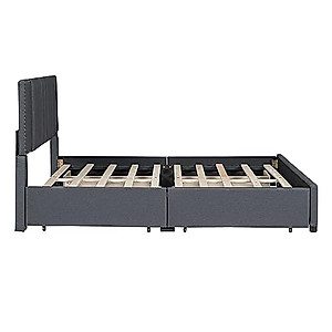 WADRI Modern Queen Size Upholstered Platform Bed with Classic Headboard and 4 Drawers, Linen Fabric Platform Bed Frame with Wood Slat Support for Kids Teens Adult Bedroom (Gray + Linen-4)