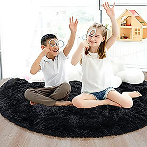 ISEAU Fluffy Round Rug Carpets, Modern Shaggy Circle Rug for Kids Bedroom Extra Comfy Cute Nursery Rug Small Circular Carpet for Boys Girls Room Home Decor Area Rug, 4ft Rugs, Black