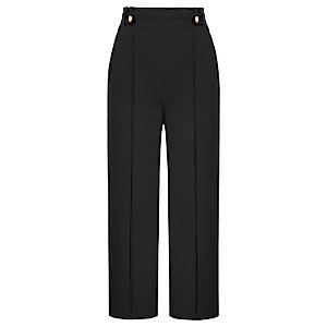 GRACE KARIN Women's Straight Leg Cropped Dress Pants Elastic High Waist Wide Leg Business Casual Slacks Capris with Pocket Black S