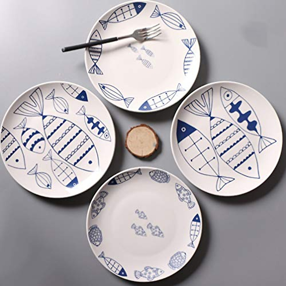 YARNOW 8-inch Ceramic Serving Plate Porcelain Round Platter Dessert Salad Tray Dinner Dish Bowl for Tabletop Home Restaurant (Nine Fishes)