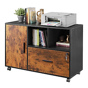 DEVAISE Office File Cabinet with Lock, 1-Drawer Wood Lateral Filing Cabinet on Wheels, Printer Stand with Open Storage Shelves for Home Office, Rustic Brown