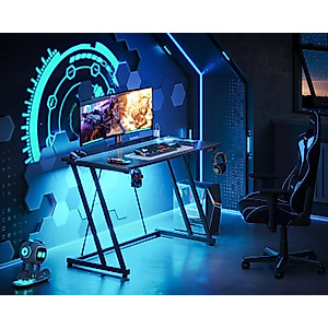 MOTPK Small Gaming Desk with LED Lights & Power Outlet, Computer Desk 39inch for Small Space, Cheap Gaming Table with Carbon Fiber Texture, Kids Desk Gift for Boys Men, Black